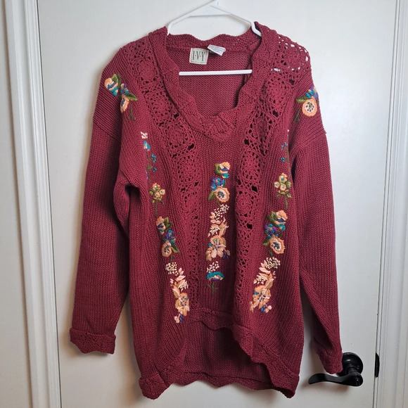 Ivy | Sweaters | Vintage Ivy Maroon Floral Embroidered Knit Oversized ...